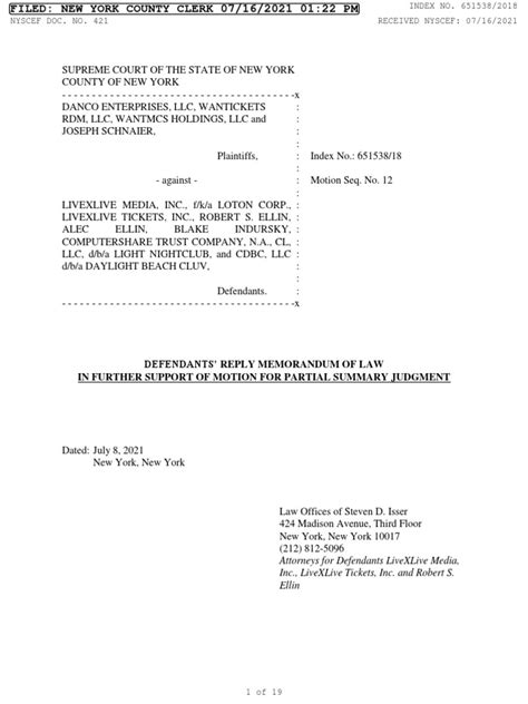 Defendants' Reply Memorandum of Law in Further Support of Motion For Partial Summary Judgment ...