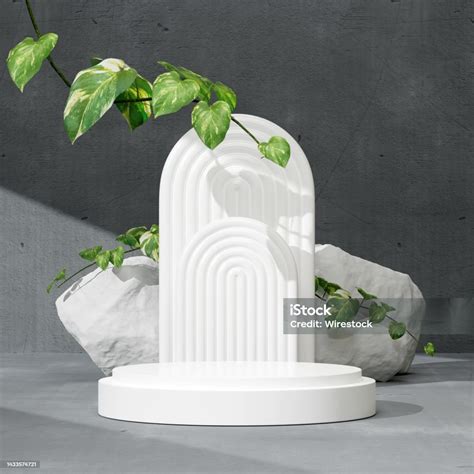 화분에 녹색 식물이있는 방에서 장식용 기하학적 우아한 흰색 연단의 3d 렌더링 0명에 대한 스톡 사진 및 기타 이미지 0명 3차원 형태 강단 Istock