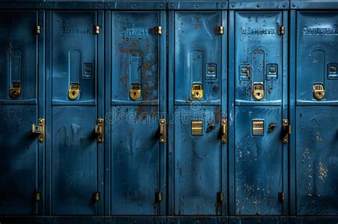 A Photo Of Blue High School Lockers With Gold Locks Front View