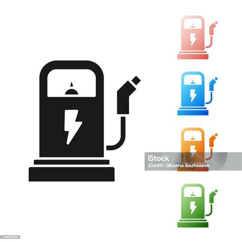 흰색 배경에 격리 된 검은 색 전기 자동차 충전 소 아이콘 에코 전기 연료 펌프 기호입니다 다채로운 아이콘을 설정합니다 벡터 일러스트레이션 0명에 대한 스톡 벡터 아트 및