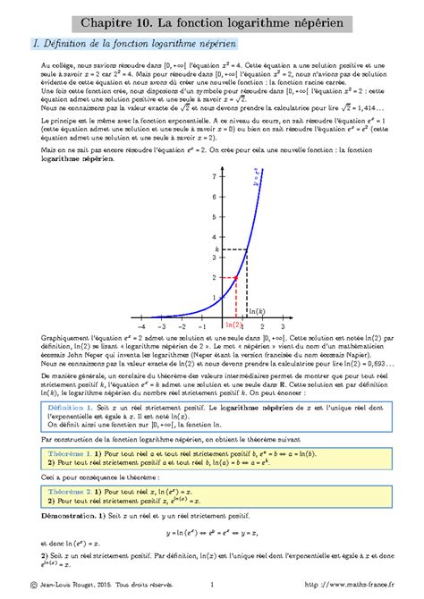 Logarithme Neperien Cours 05 Chapitre 10 La Fonction Logarithme Népérien I Définition De La