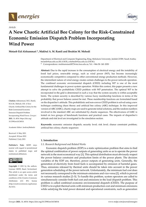 Pdf A New Chaotic Artificial Bee Colony For The Risk Constrained Economic Emission Dispatch