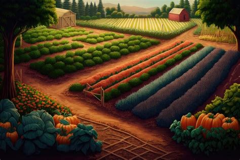Paisaje De Jardín Con Hileras De Verduras Y Frutas En El Campo Con Huertos Creados Con Gen
