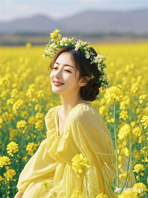 姑娘现在油菜花田里 身穿黄色衣裳头戴花环 微风正轻拂她的脸颊49 花瓣网