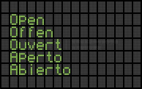 多语言免抠元素点阵显示屏上用英语、德语、法语、意大利语和西班牙语书写的多语言开放标志。多语言开放标志模板免费下载eps格式1000像素