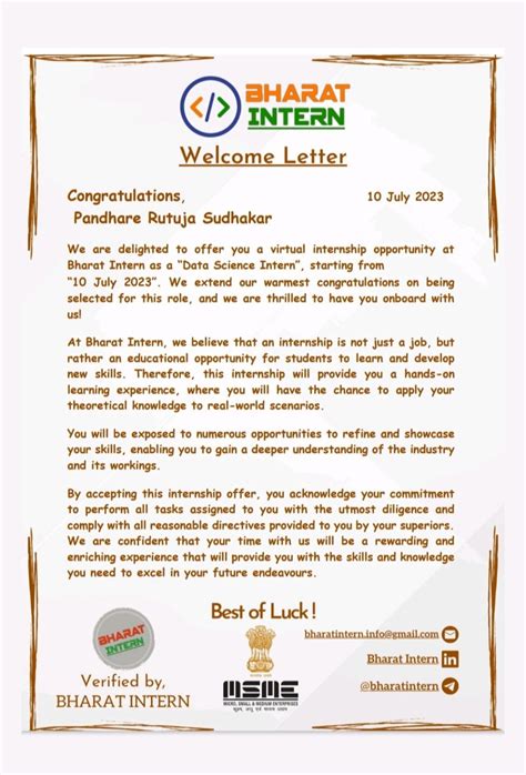 Rutuja Pandhare On Linkedin Bharatintern Intern Datascience