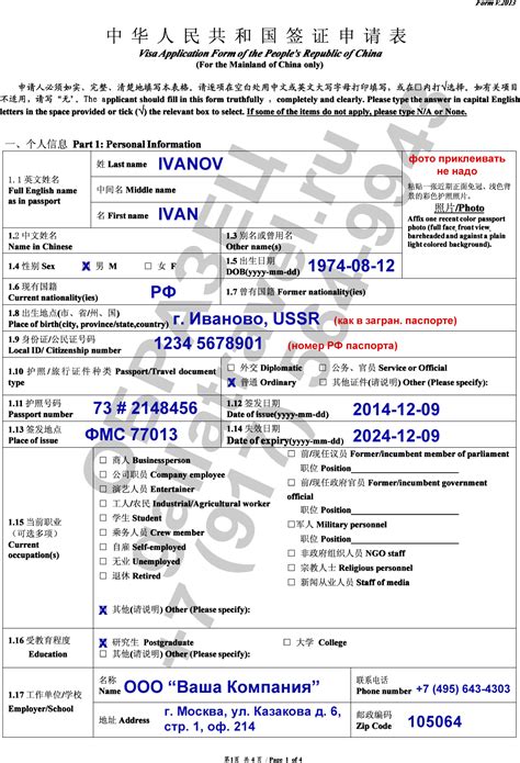 Визы в Китай Образец анкеты для визы