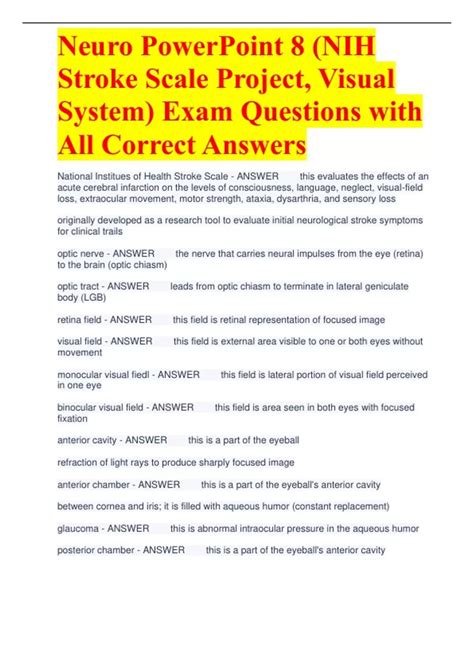 Neuro PowerPoint NIH Stroke Scale Project Visual System Exam Questions With All Correct