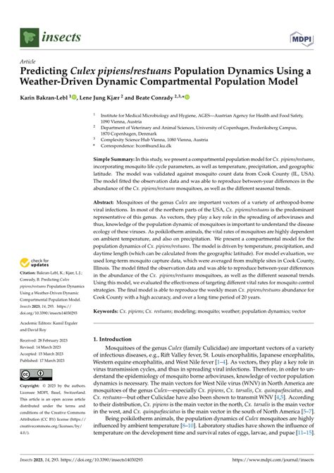 Pdf Predicting Culex Pipiensrestuans Population Dynamics Using A