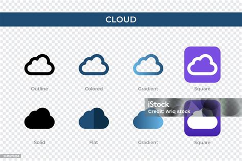 다른 스타일의 구름 아이콘 구름 벡터 아이콘은 윤곽선 단색 색상 그라디언트 및 평면 스타일로 설계되었습니다 기호 아이콘 그림 벡터 일러스트 레이 션 0명에 대한 스톡 벡터