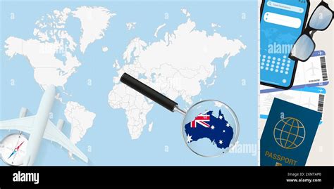 Australia Is Magnified Over A World Map Illustration With Airplane