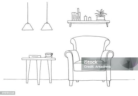 자 테이블 낯 짝입니다 테이블 위의 2 개의 낮은 정지 램프입니다 도 서 및 식물 선반입니다 그려진된 벡터 일러스트 레이 션 스케치 스타일의 손 의자에 대한 스톡 벡터 아트