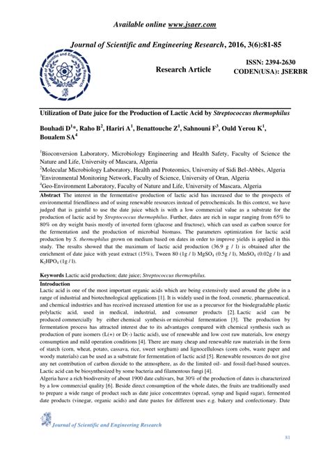 Pdf Utilization Of Date Juice For The Production Of Lactic Acid By Streptococcus Thermophilus