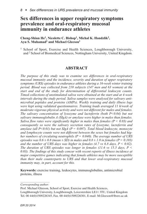Pdf Sex Differences In Upper Respiratory Symptoms Prevalence And Oral