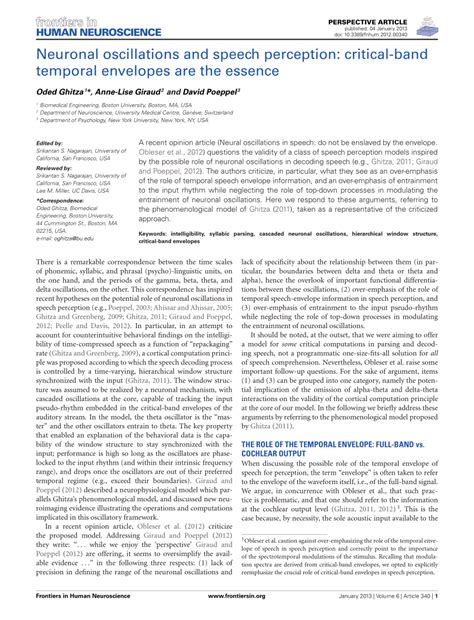 Pdf Neuronal Oscillations And Speech Perception Critical Band Temporal Envelopes Are The Essence