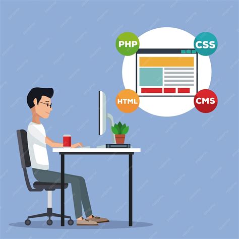 Premium Vector Color Scene Background Side View Web Developer Man In Desk Programming Language