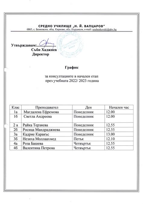 График за консултации Средно училище Никола Йонков Вапцаров