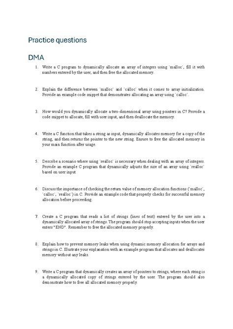 Practice Questions In C Practice Questions Dma Write A C Program To Dynamically Allocate An