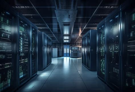 Shot Of Modern Data Center With Multiple Rows Of Fully Operational Server Racks Modern High