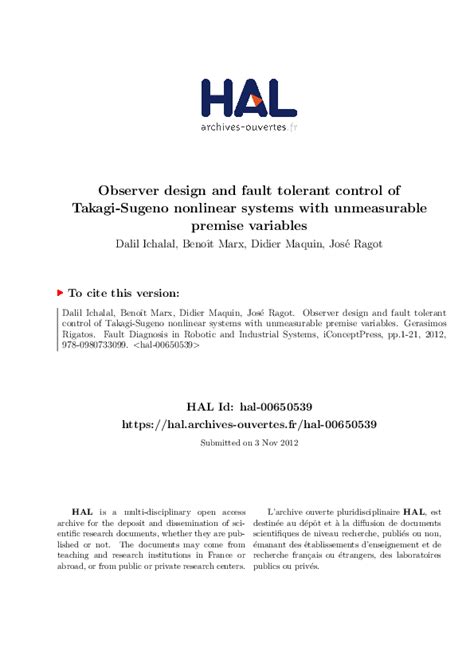 Pdf Observer Design And Fault Tolerant Control Of Takagi Sugeno Nonlinear Systems With