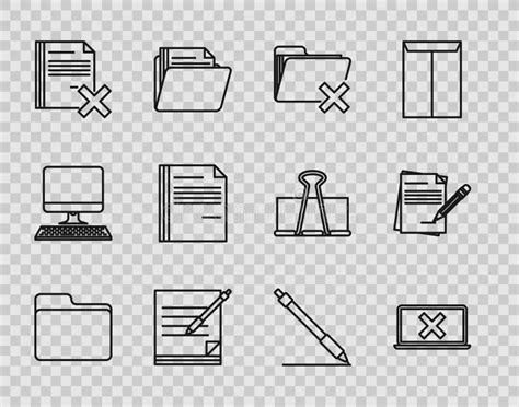 Set Line Document Folder Laptop And Cross Mark On Screen Delete