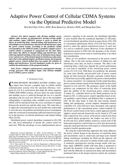 Pdf Adaptive Power Control Of Cellular Cdma Systems Via The Optimal