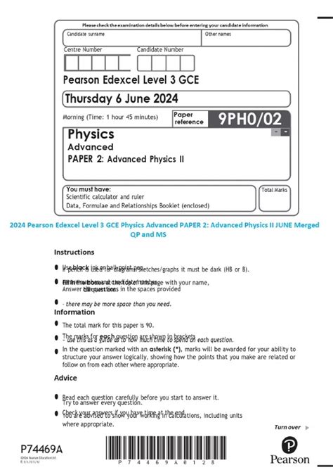 2024 Pearson Edexcel Level 3 Gce Physics Advanced Paper 2 Advanced Physics Ii June Merged Qp
