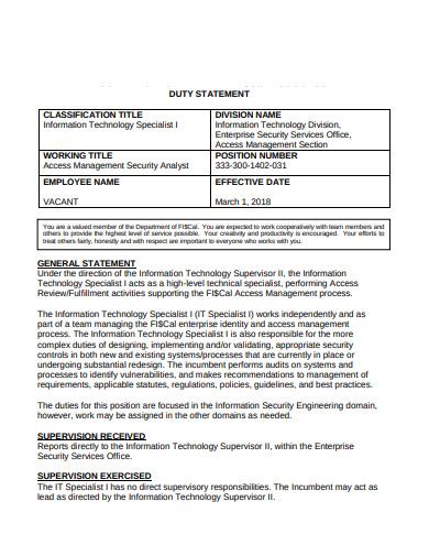 12 Duty Statement Templates In Pdf Doc