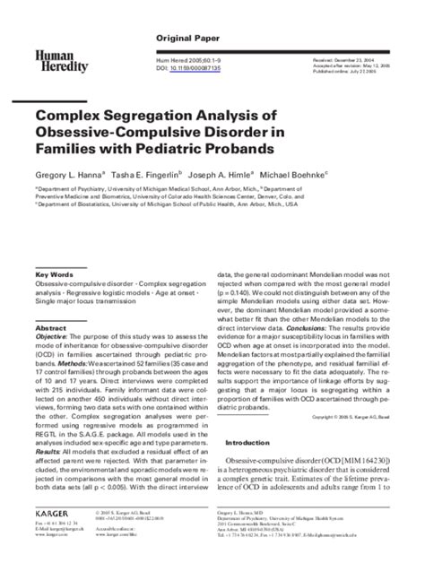 Pdf Complex Segregation Analysis For Obsessive Compulsive Disorder