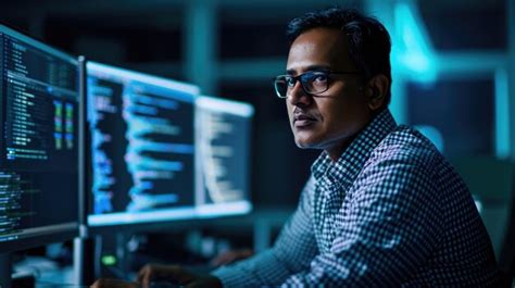 Premium Photo Focused Male Programmer Working In A Dark Office Environment Typing Intently On
