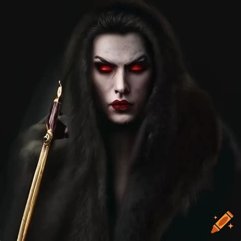 Young Handsome Vampire With Long Black Hair And Red Eyes Holding A