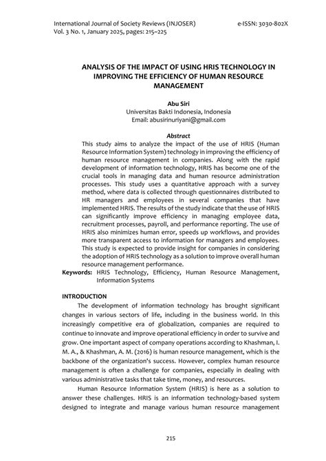 Pdf Analysis Of The Impact Of Using Hris Technology In Improving The Efficiency Of Human