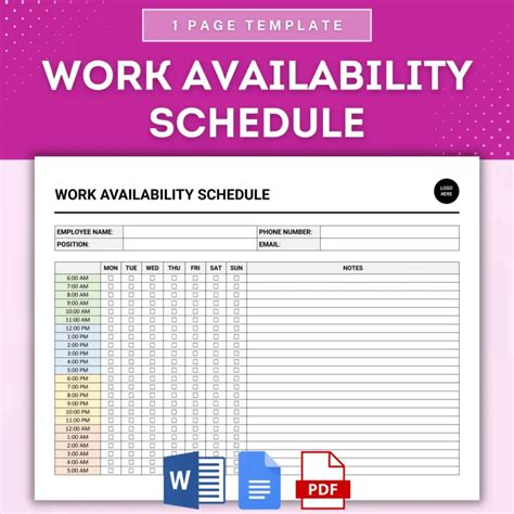 Work Availability Schedule Sheet Probiztemplates
