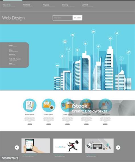 스마트 시티 헤더 디자인의 플랫 일러스트와 함께 한 페이지 웹 사이트 서식 파일 Html에 대한 스톡 벡터 아트 및 기타 이미지