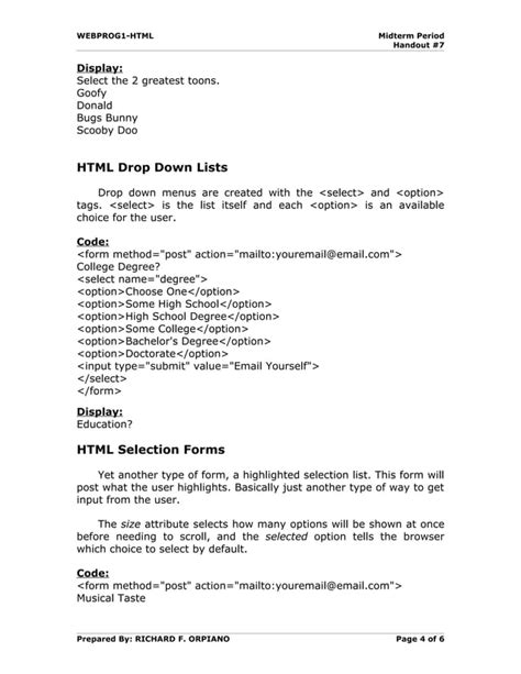 Handout Html Forms DOC Web Design And HTML Internet