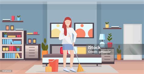 주부 지주 빗자루 여자 청소기를 하 고 집안일을 청소 바닥 세척 하우스키핑 컨셉 전체 길이 평면 현대 침실 인테리어 수평 빗자루에 대한 스톡 벡터 아트 및 기타 이미지