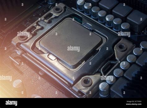 Close Up Cpu Socket On Motherboard Computer PC With Cpu Processor Stock Photo Alamy