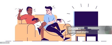 비디오 게임 플랫 벡터 일러스트에서 소년 경쟁 학생 조이스틱을 들고 룸메이트 행복한 승자 흰색 배경에 윤곽 요소와 실망 패자 고립 만화 캐릭터 룸메이트에 대한 스톡 벡터