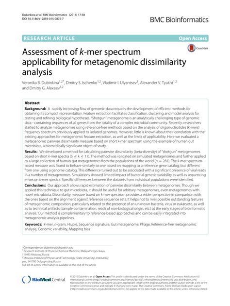 Pdf Assessment Of K Mer Spectrum Applicability For Metagenomic Dissimilarity Analysis