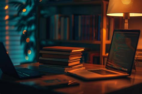 Programmers Desk With Laptop And Coding Books In Tech Setup Background 48633325 Stock Photo At