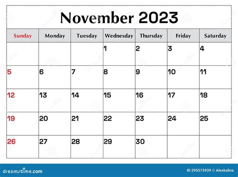 November 2023 Calendar 2023 Template Vector Illustration Week Start