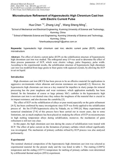 Microstructure Refinement Of Hypereutectic High Chromium Cast Iron With Electric Current Pulse