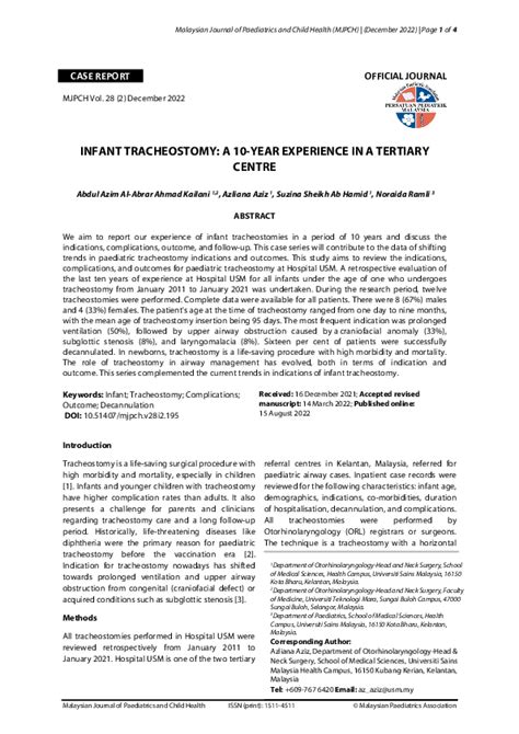 Pdf Infant Tracheostomy A 10 Year Experience In A Tertiary Centre