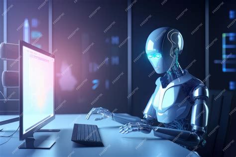 Premium Photo Ai Chatbot Robot Sitting At Desk Using Computer Generative Ai