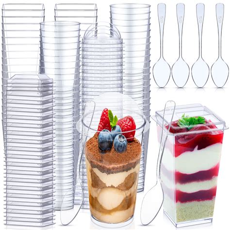 Nuogo Mini Dessert Cups With Lids And Spoons Clear Plastic Shooter Cups Disposable Square