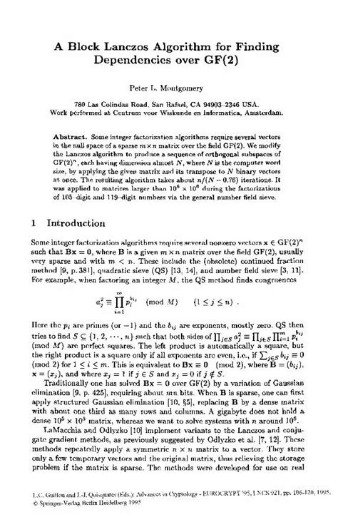 PDF A Block Lanczos Algorithm Finding Over GF Springer A Block Lanczos Algorithm For