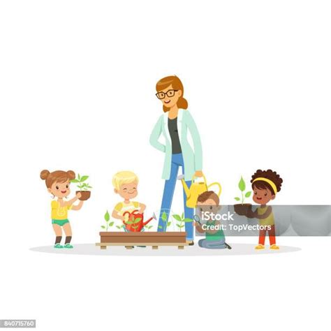 귀여운 소녀와 소년 식물학 레슨 하는 동안 식물에 대 한 관심을 그들의 교사 유치원 교육 활동 만화 벡터 일러스트 레이 션