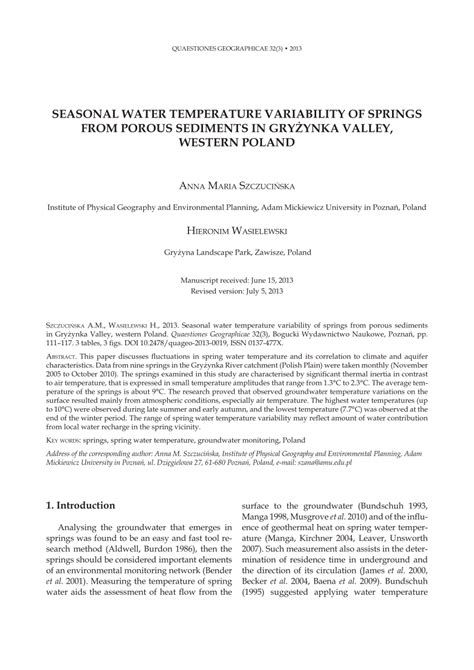Pdf Seasonal Water Temperature Variability Of Springs From Porous Sediments In Gryżynka Valley
