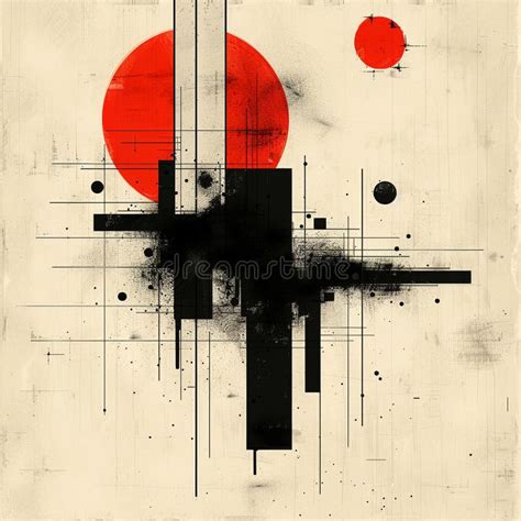 Bold Abstract Design Featuring Red Circles And Black Geometric Forms On A Beige Background Stock