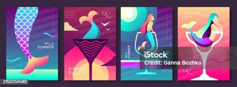 여름 속성을 가진 형광 여름 포스터 세트입니다 칵테일 코스모 폴리탄 실루엣 인어 및 바다 벡터 일러스트 레이 션 여자 인어에